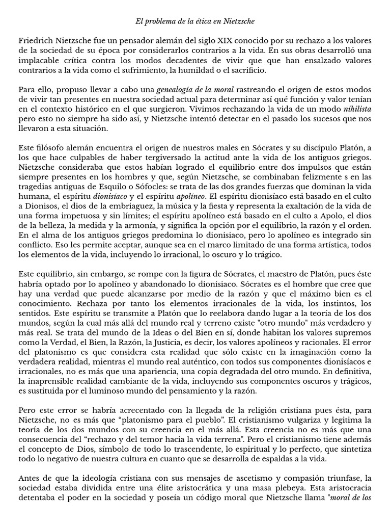 El problema de la ética en Nietzsche (2) | PDF | Moralidad | Friedrich Nietzsche