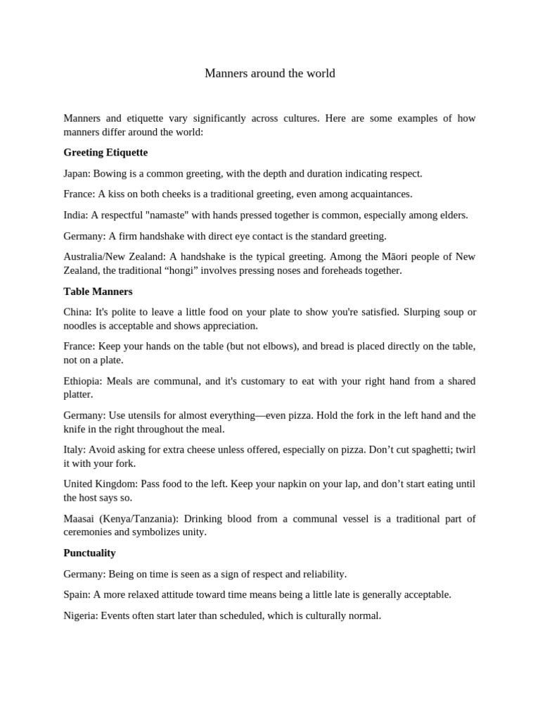 Manners Around The World | PDF