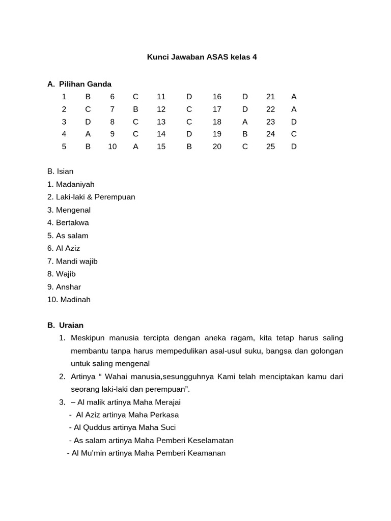 Kunci Jawaban Asas Ganjil PAI Kelas 4 | PDF