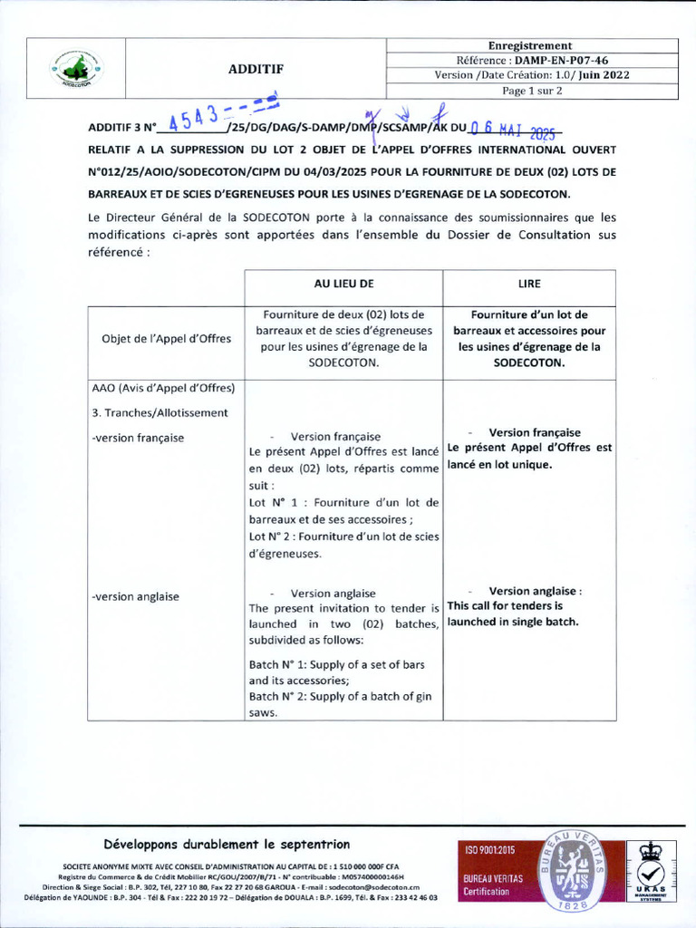 ADDITIF #3-DAO N°012-25-Annulation LOT 2 | PDF