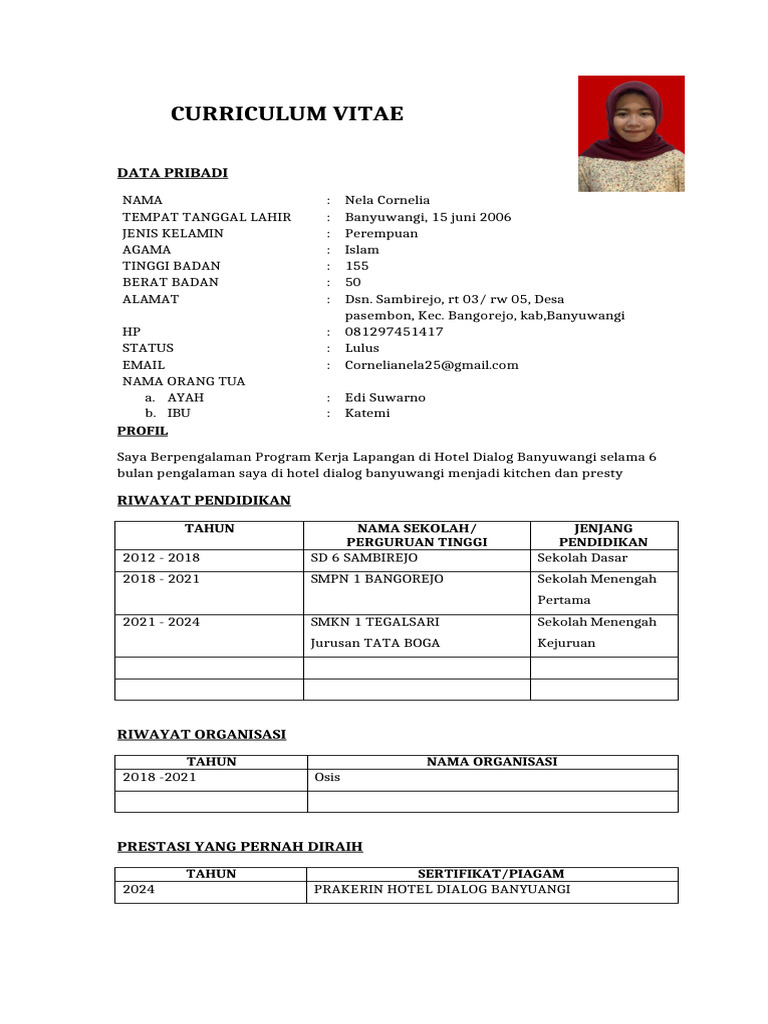 CV Nela Cornelia: Lulusan Tata Boga | PDF