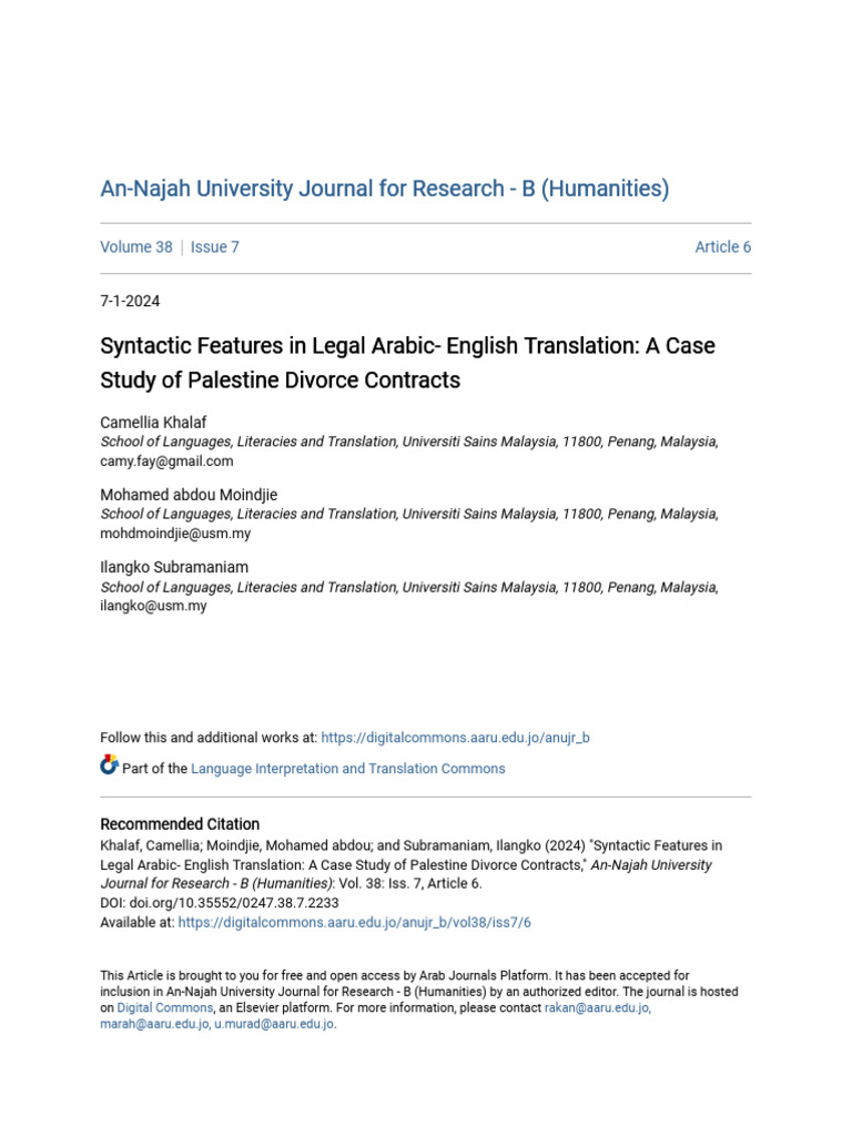 Syntactic Features in Legal Arabic - English Translation - A Case S ...