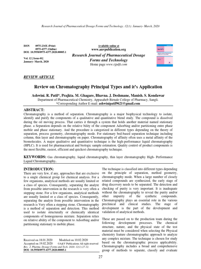 Review On Chromatography Principal Types and Application: Research ...