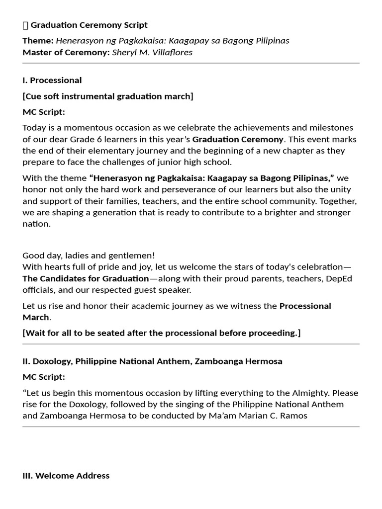 Graduation Ceremony Script 2025 | PDF