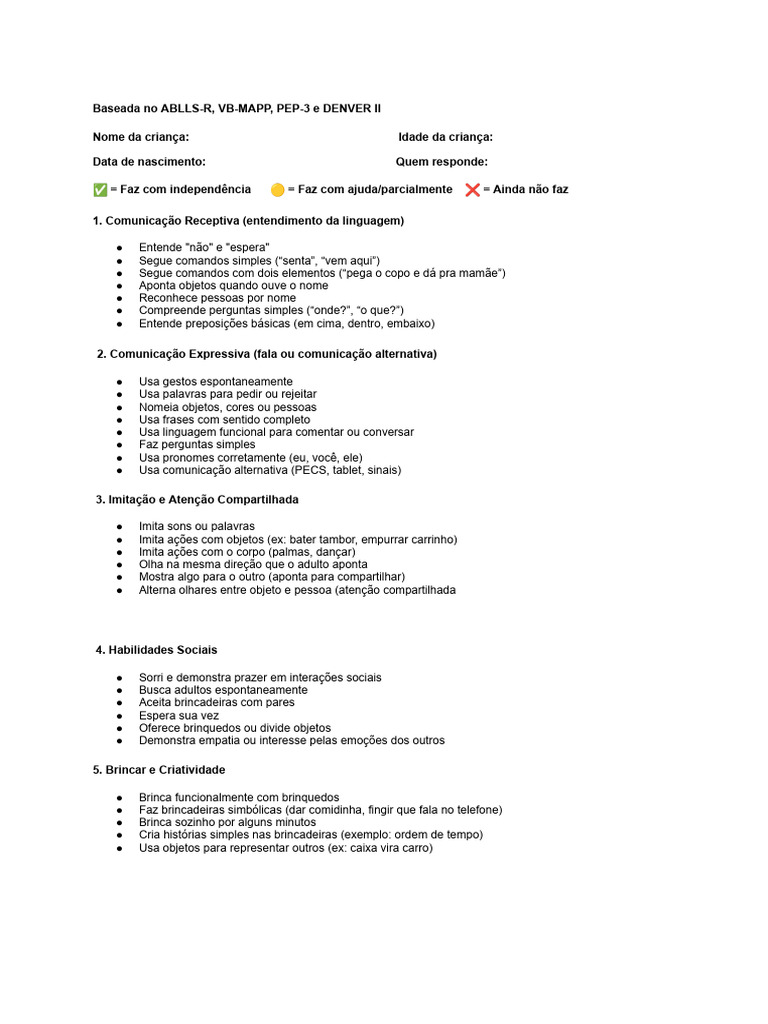 Escala Baseada Na ABLLS-R, VB-MAPP, PEP-3 e DENVER II | PDF ...