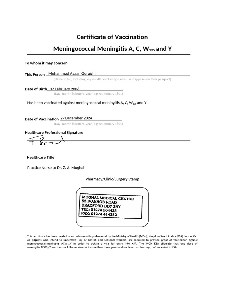 Meningitis ACWY Vaccination Certificate | PDF