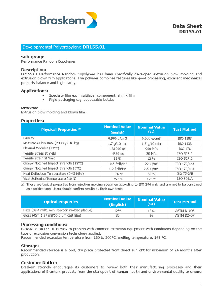 TDS Braskem Polypropylene DR155.01 | PDF | Strength Of Materials ...