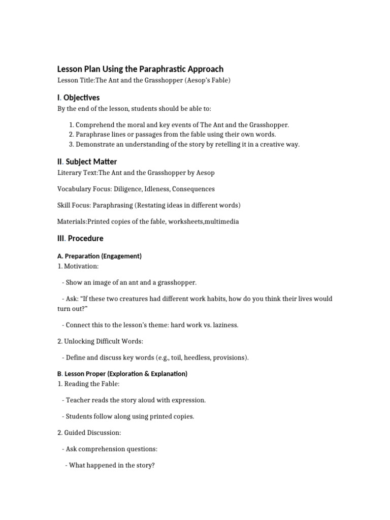 Lesson Plan Paraphrastic Approach | PDF