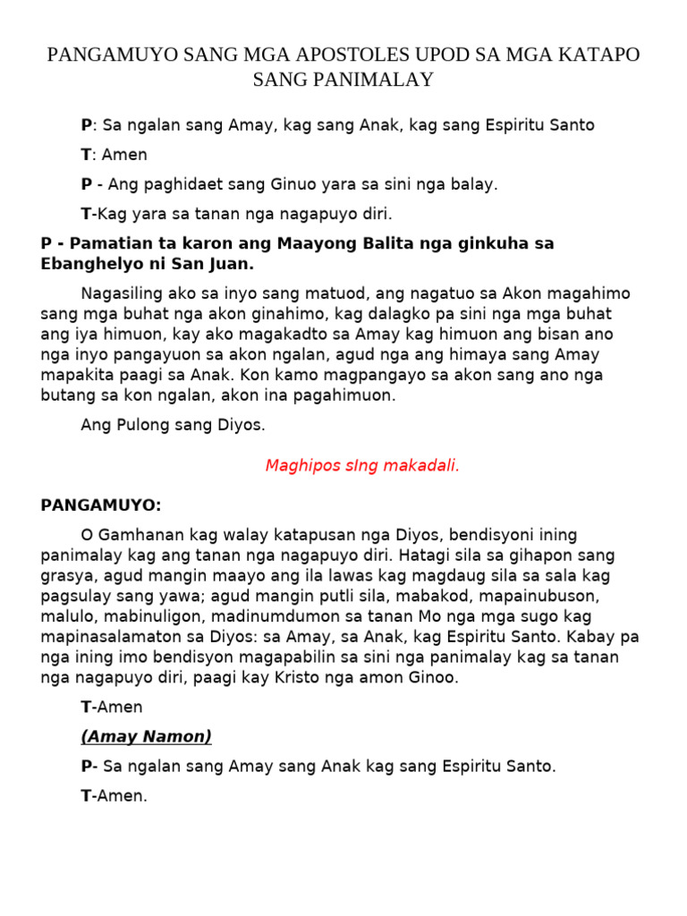 Pangamuyo Sang Mga Apostoles Upod Sa Mga Katapo Sang Panimalay | PDF