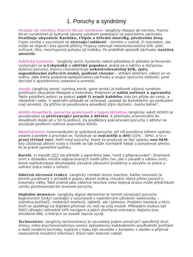 Syndrómy, Poruchy, Fobie, Filie | PDF