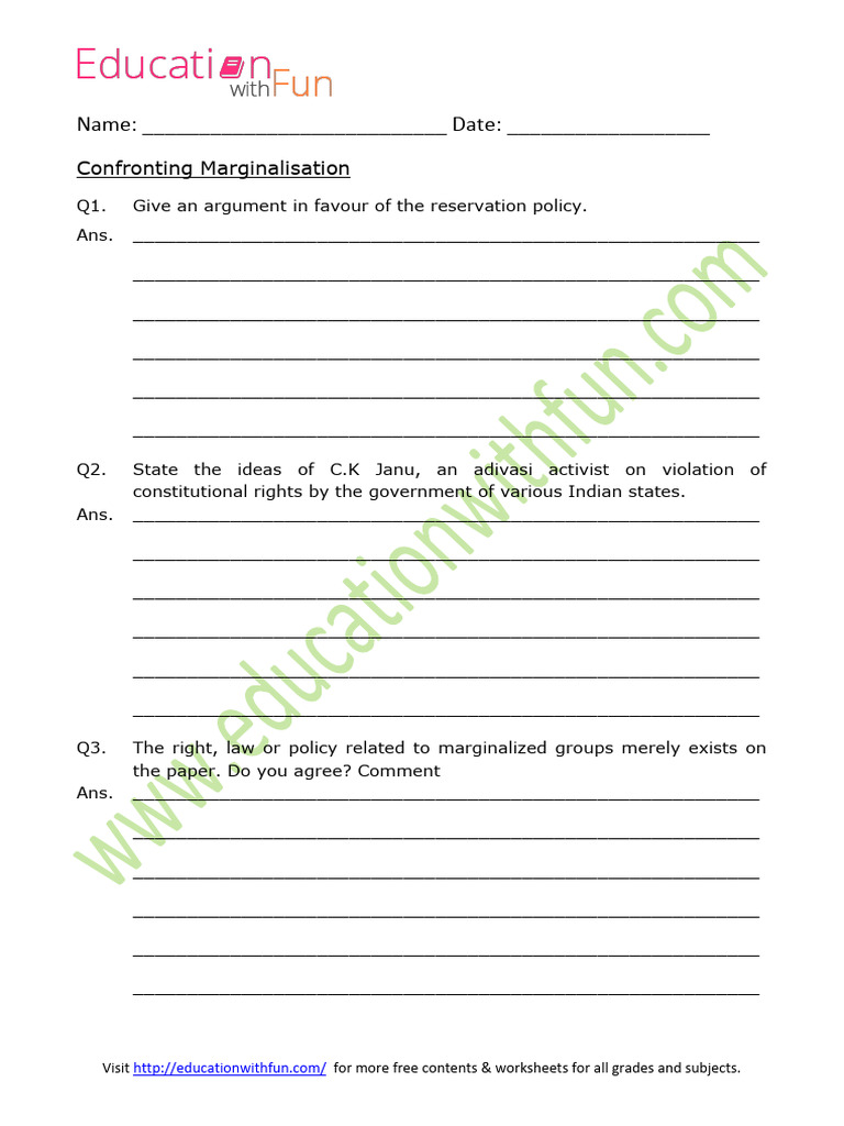 Confronting Marginalisation Worksheet 4 | PDF | Social Exclusion ...