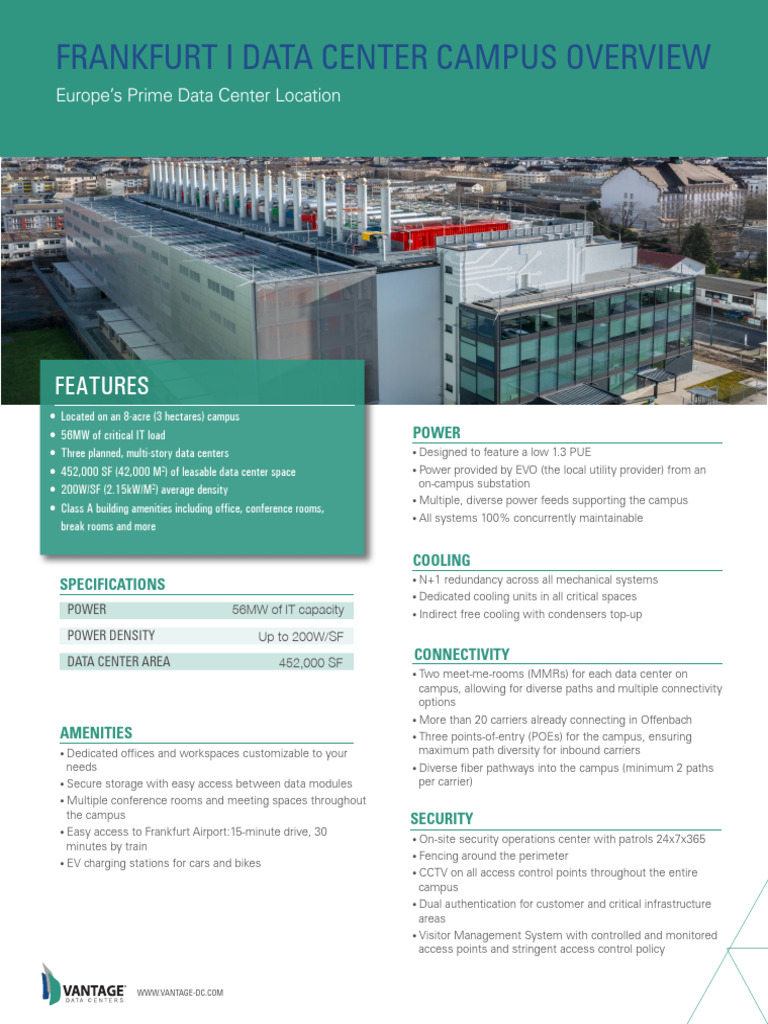 Vantage DC_DataSheet_Frankfurt-I-2022-1 | PDF | Data Center | Electrical Engineering