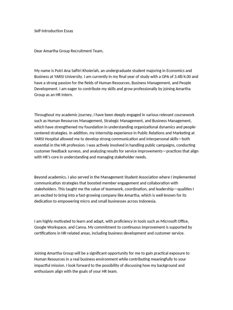 Essay Self Introduction Putri Ana Internship HR | PDF