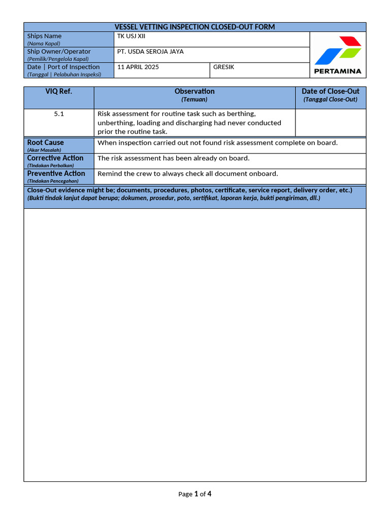 5.1 - Close-Out-Form Risk Assessment | PDF | Shipping | Water Transport