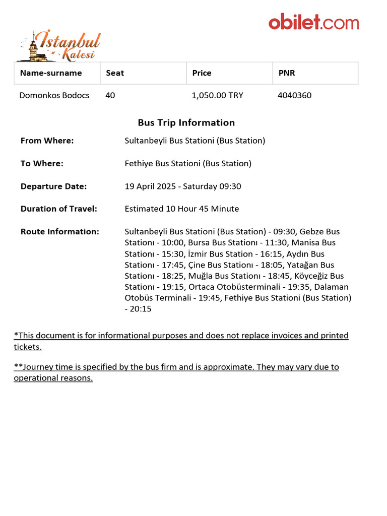 Fethiye Bus Ticket Details | PDF
