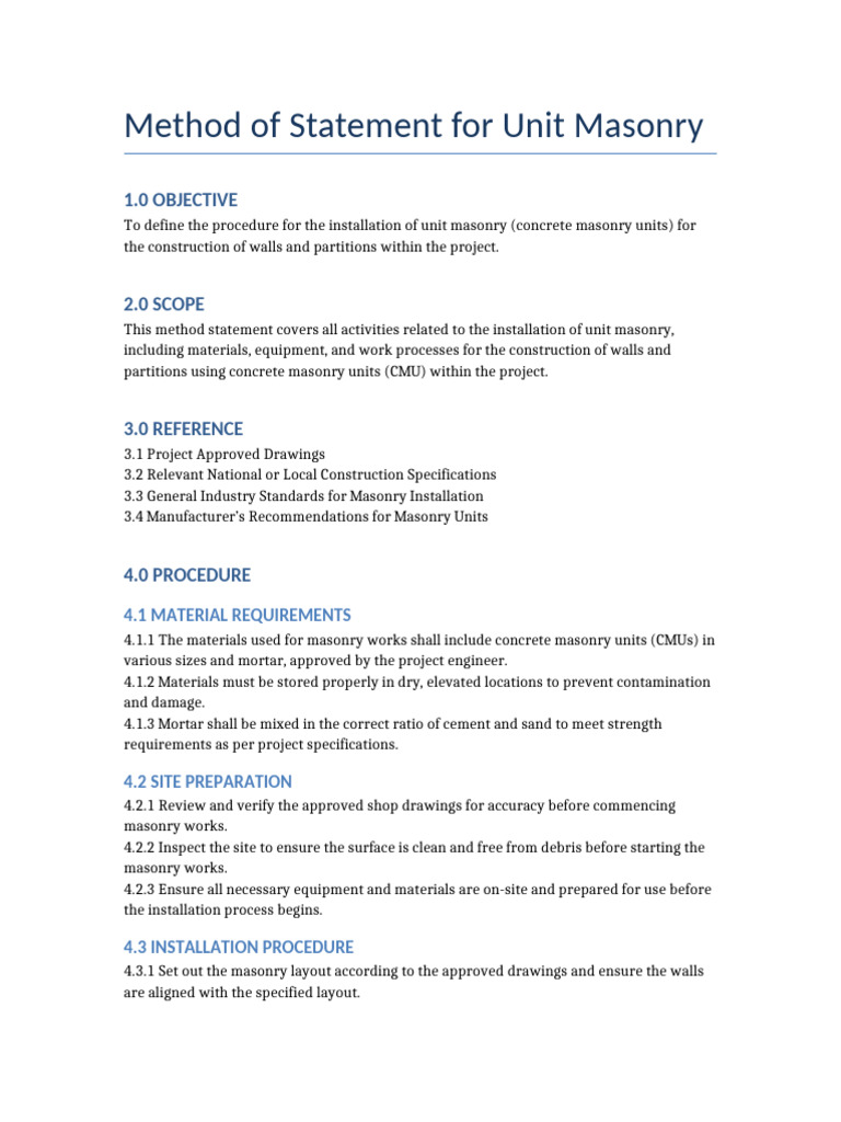 Unit Masonry Method Statement | PDF | Masonry | Concrete