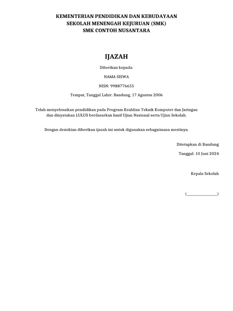 Ijazah SMK Template | PDF