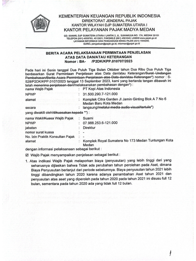 Berita Acara SP2DK SE05 PT Kopi Atas 2021 | PDF