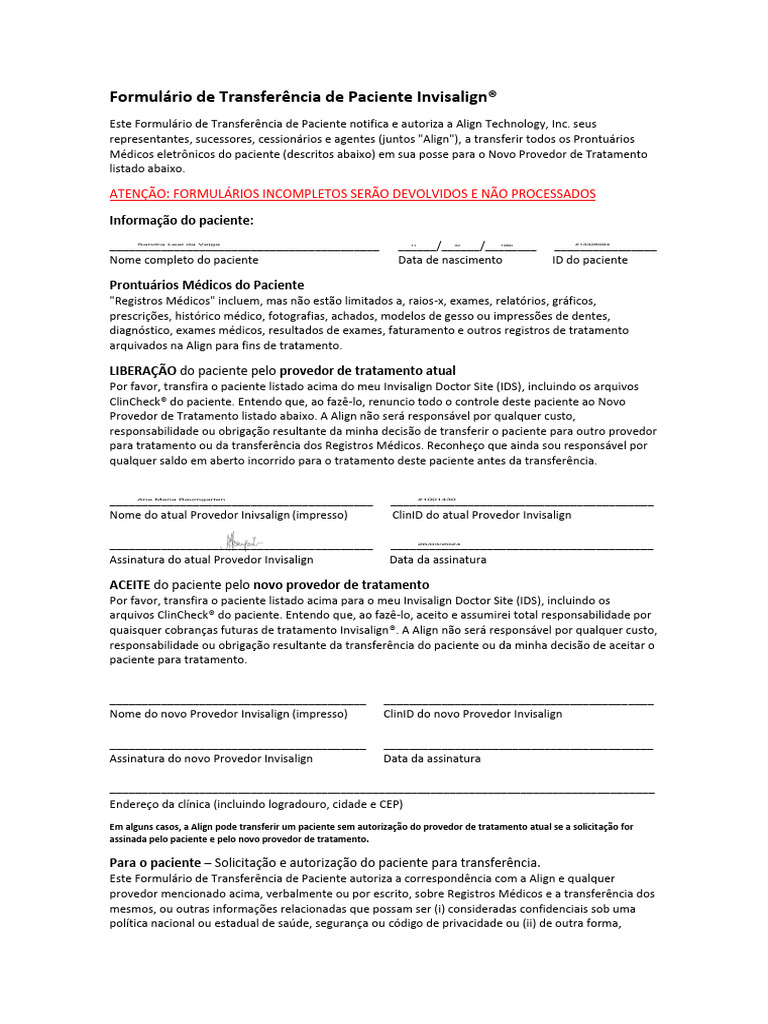 Formulário de Transferência de Paciente Invisalign | PDF
