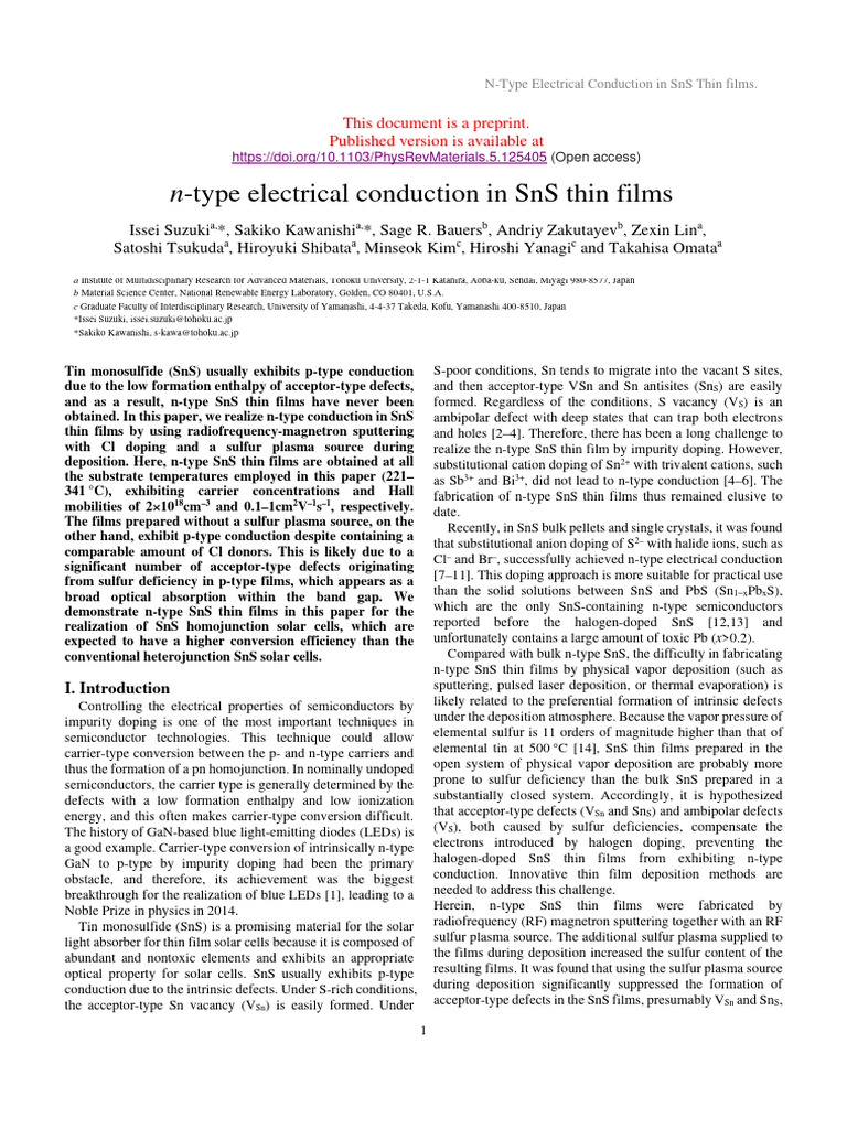 Type Electrical Conduction in Sns Thin Films | PDF | Thin Film | Doping ...