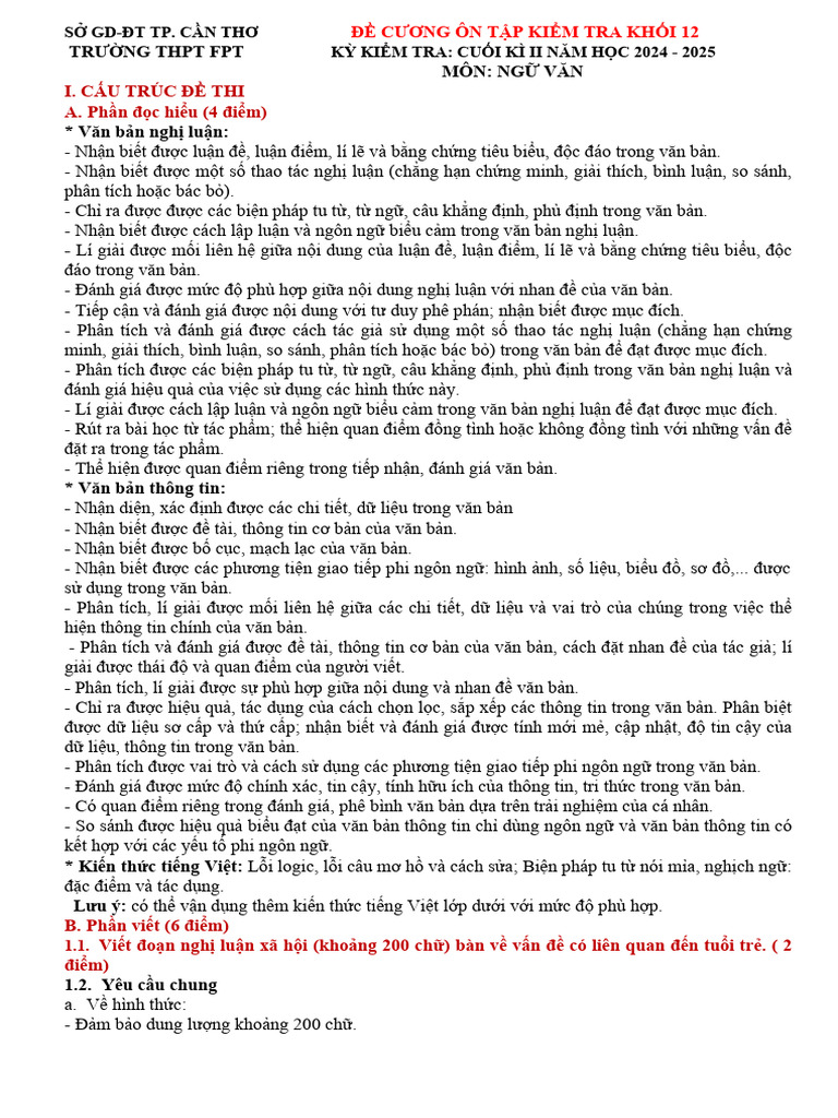 (K12-CK2) Đề Cương Môn Ngữ Văn | PDF
