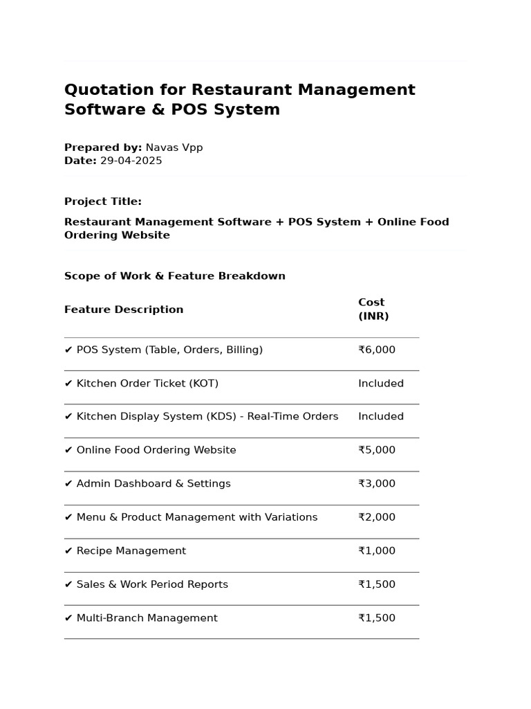 Quotation For Restaurant Management Software | PDF