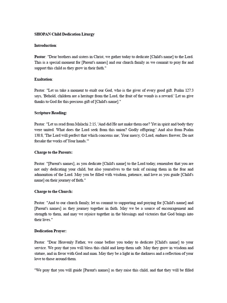 Child Dedication Liturgy Guide | PDF | Prayer | Glory (Religion)