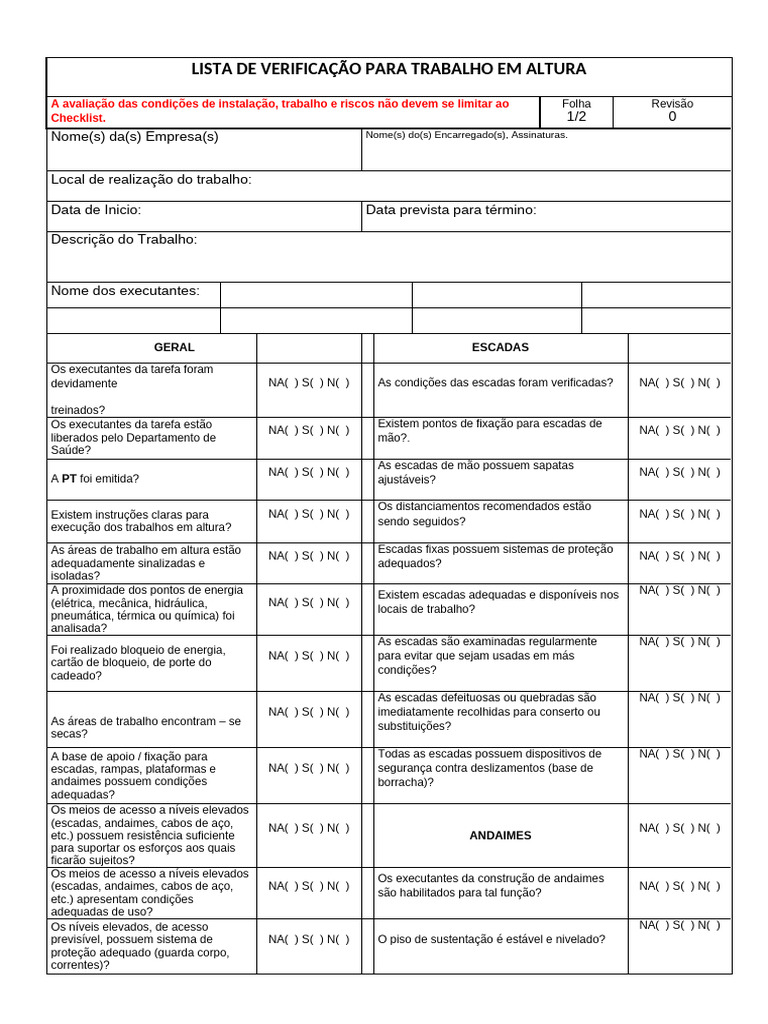 Anexo II - LISTA DE VERIFICAÇÃO PARA TRABALHO EM ALTURA | PDF