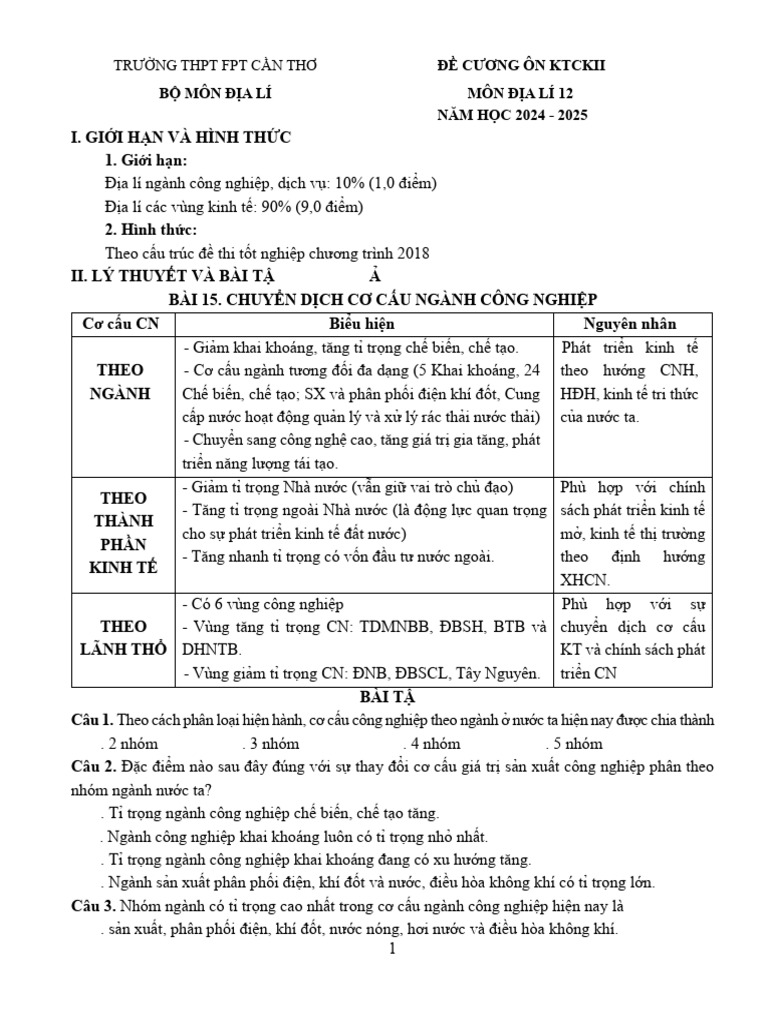 (K12-CK2) Đề Cương Môn Địa Lí | PDF