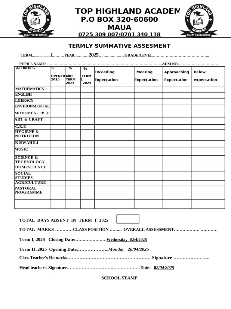 Revised Summative Assessment-Top Highland 2025 - Final | PDF