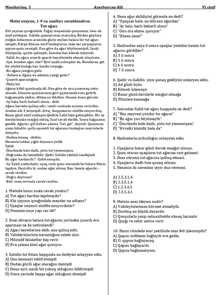 6-Cı Sinif Azərbaycan Dili Monitorinq 3 Yeni 2025-1 | PDF
