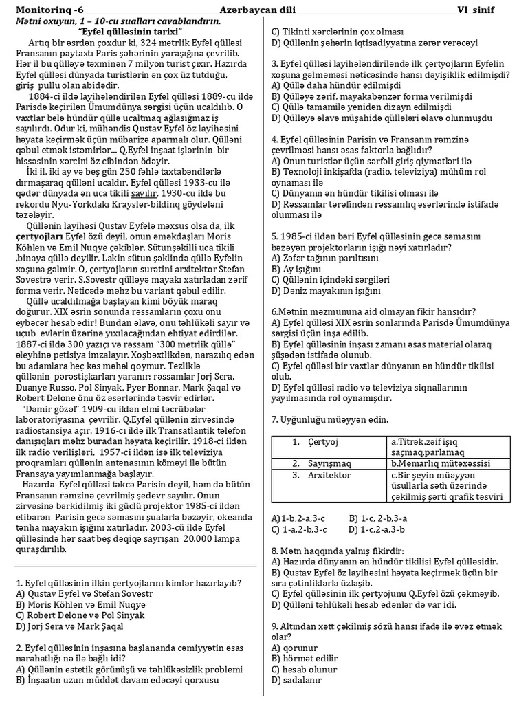 6-Cı Sinif Monitorinq 6 Azərbaycan Dili | PDF