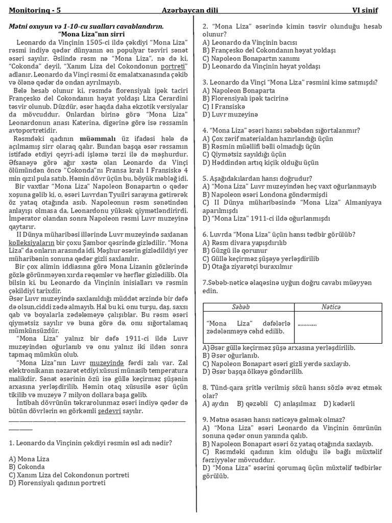 6-Cı Sinif Monitorinq 5 Azərbaycan Dili | PDF
