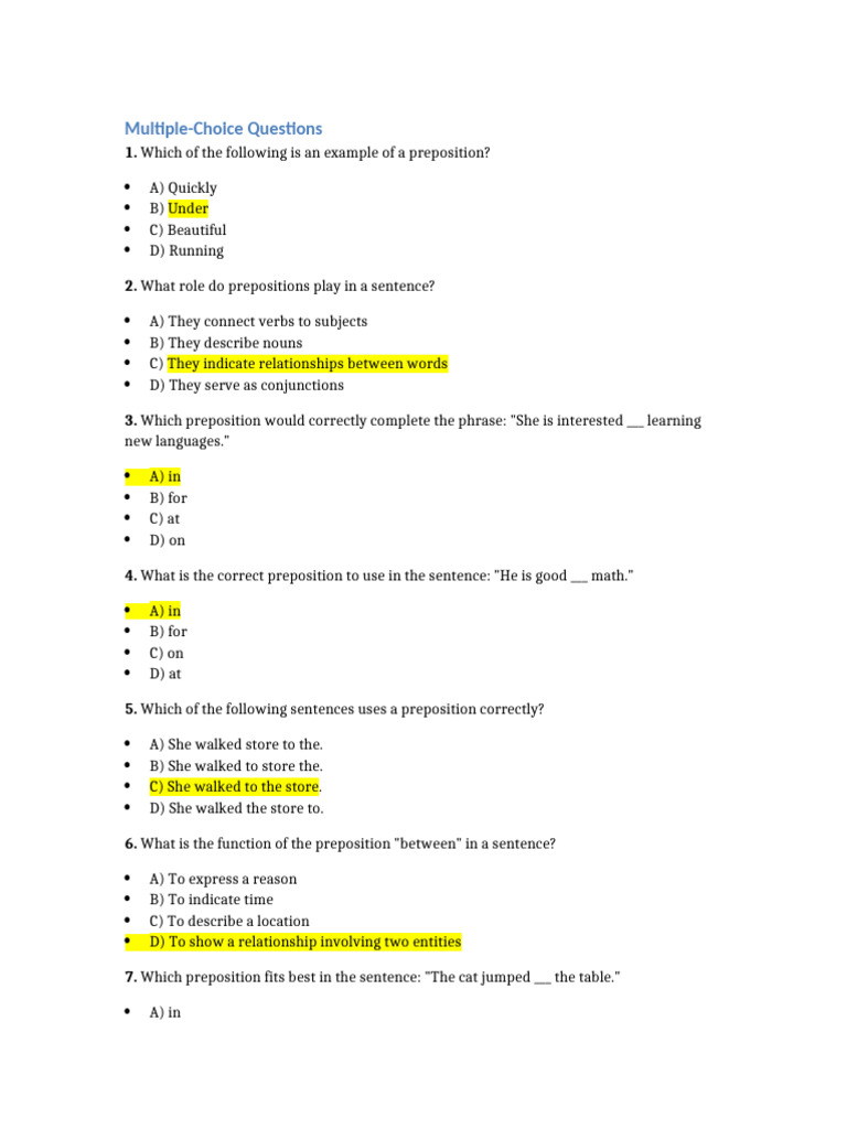Preposition Usage Multiple-Choice Quiz | PDF