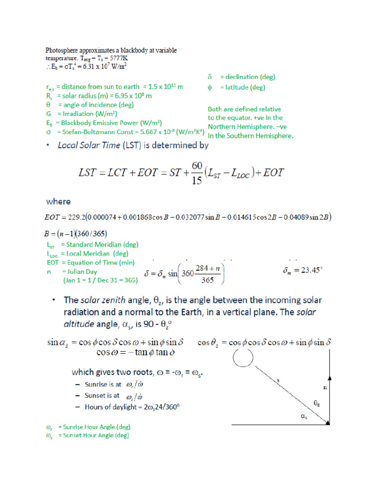Solar Energy Formula Sheet | PDF