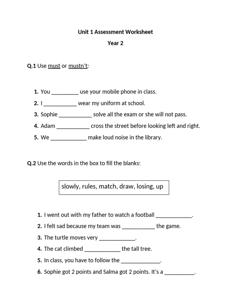 Year 2 Unit 1 Assessment Worksheet | PDF