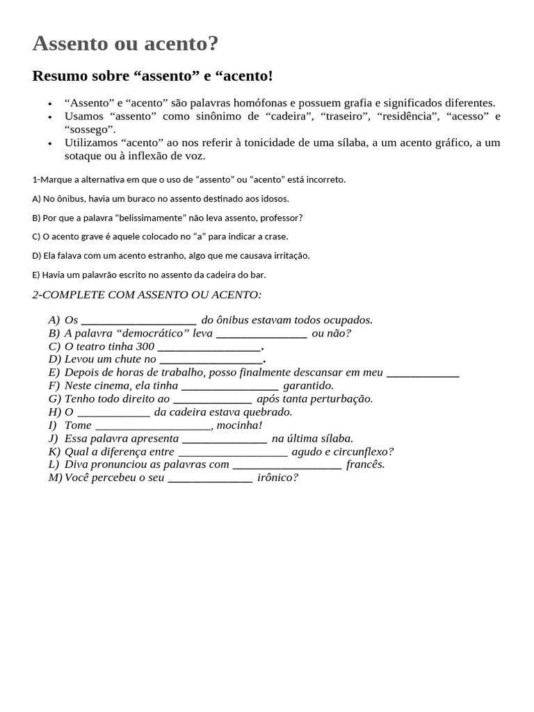 Assento Ou Acento 5 ANO | PDF