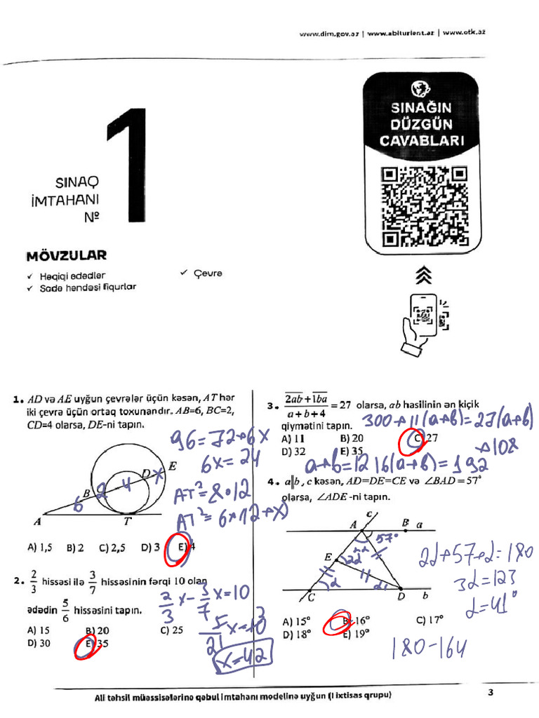 Riyaziyyat 20 Sınaq Blok | PDF