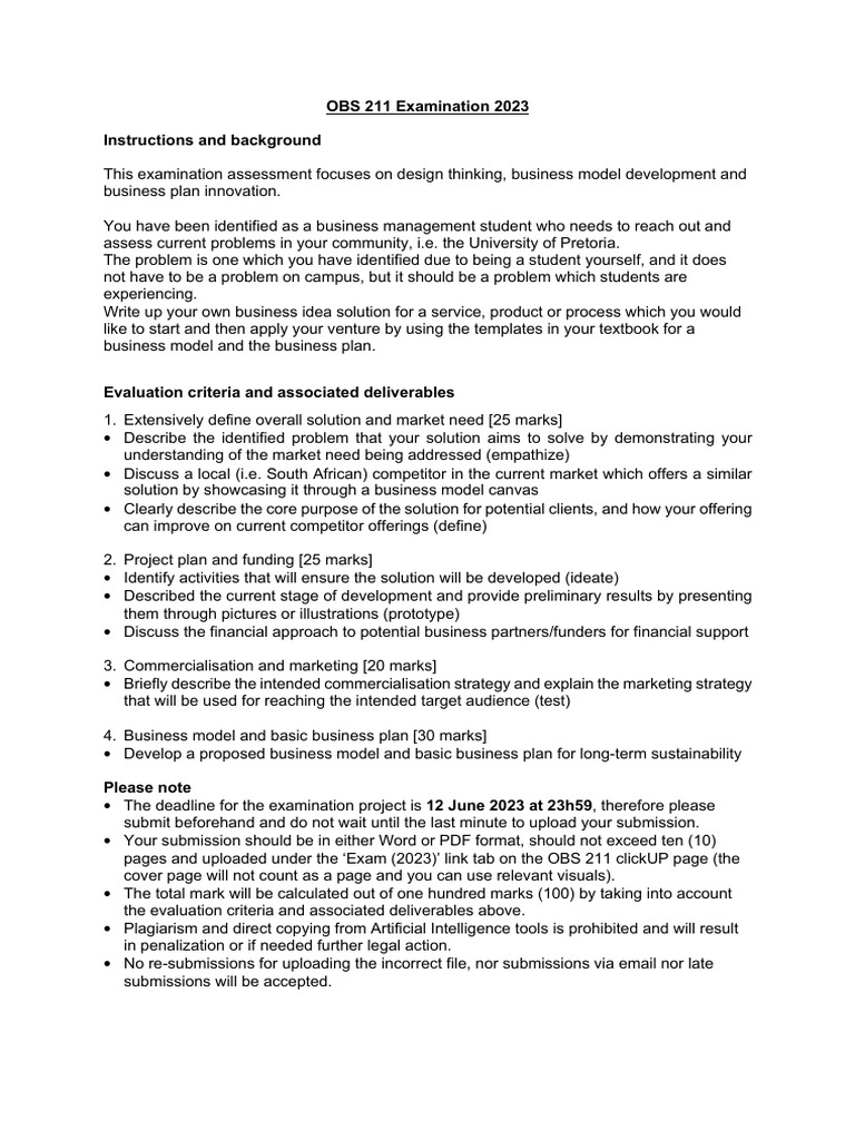 OBS 211 Business Innovation Exam Guide | PDF | Business Model | Evaluation