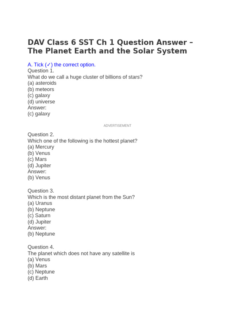 Dav Class 6th SST Chapter 1 Geography | PDF | Planets | Solar System