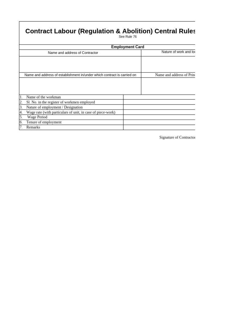 CLRA Employment Card Details | PDF | Overtime | Employment