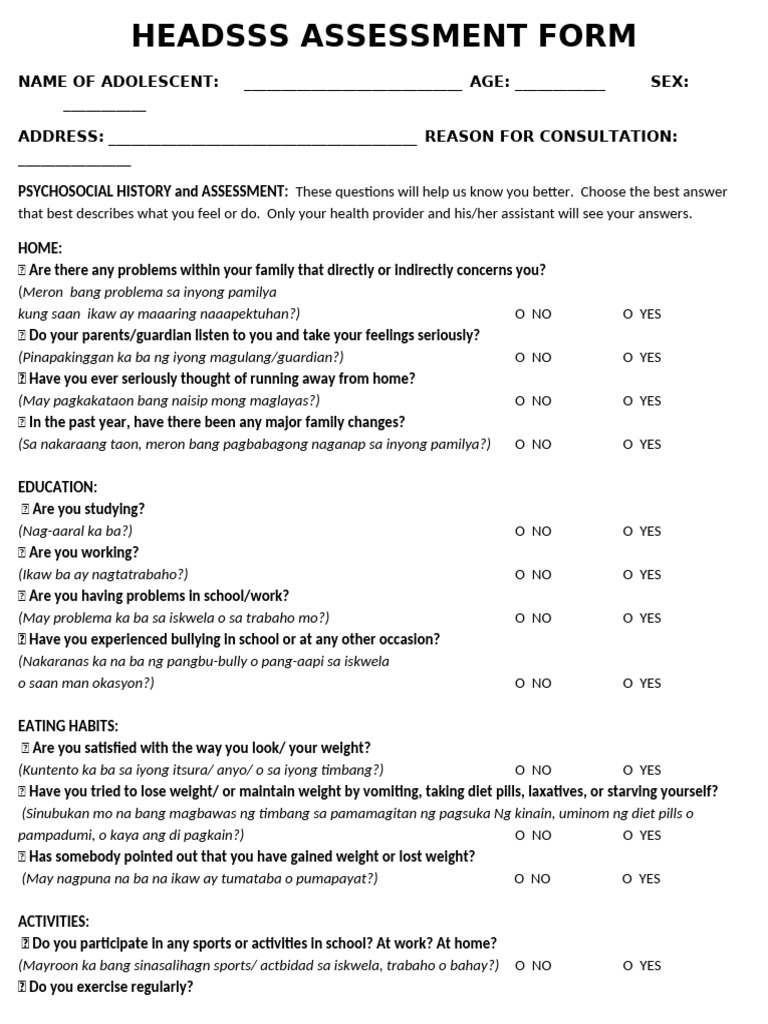 HEADSSS Assessment Questionnaire | PDF | Interpersonal Relationships