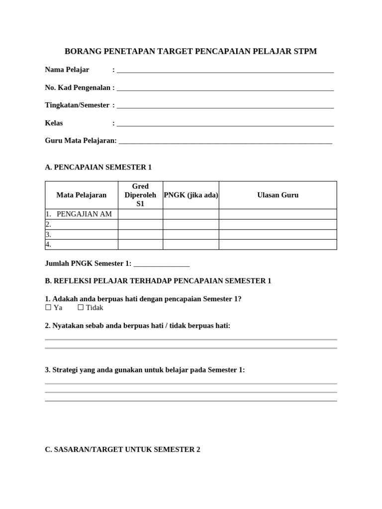 Borang Penetapan Target Pencapaian Pelajar STPM | PDF