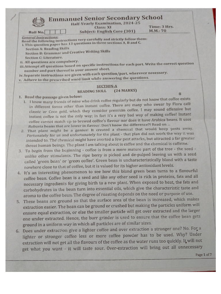 Class 11th English Practice Question Paper | PDF