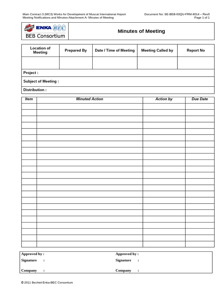 SE-BEB-03QU-FRM-9014-Rev0 Minutes of Meeting Form | PDF