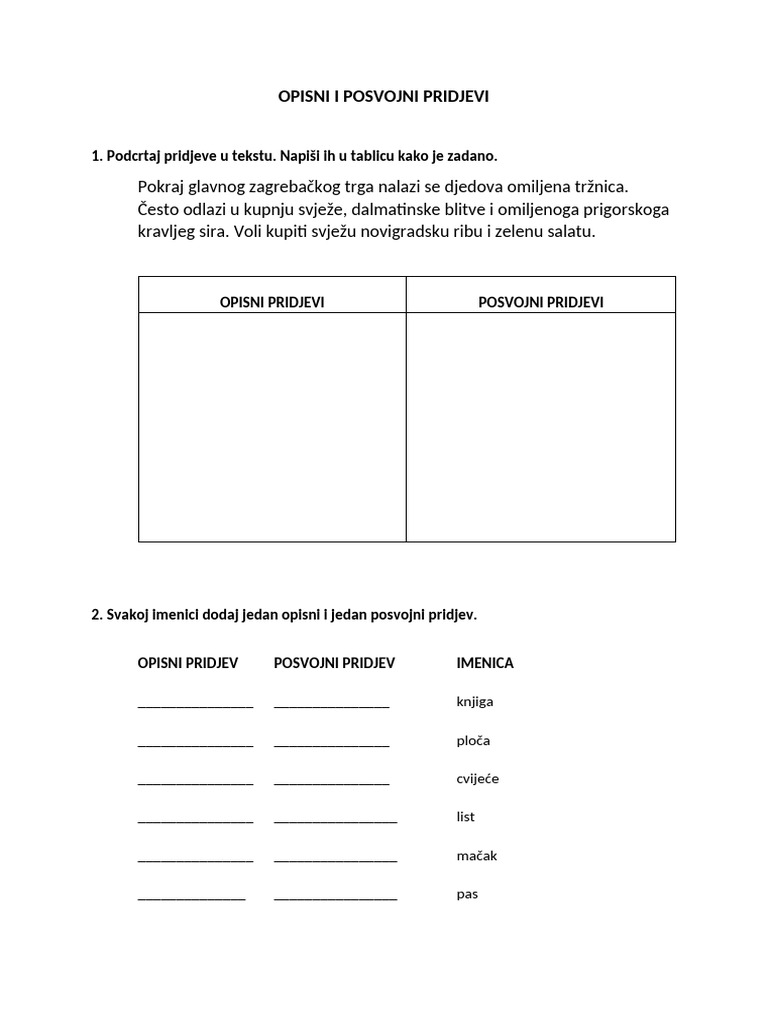 10 Opisni I Posvojni Pridjevi | PDF