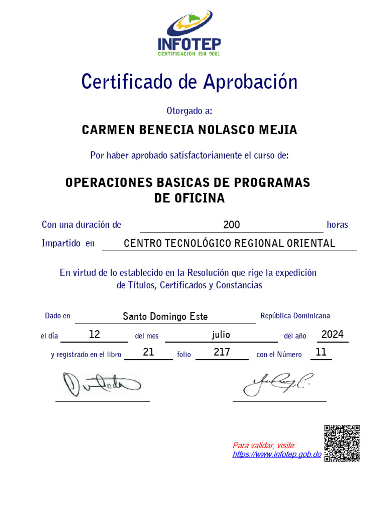 Certificado Programas de Oficina Carmen | PDF
