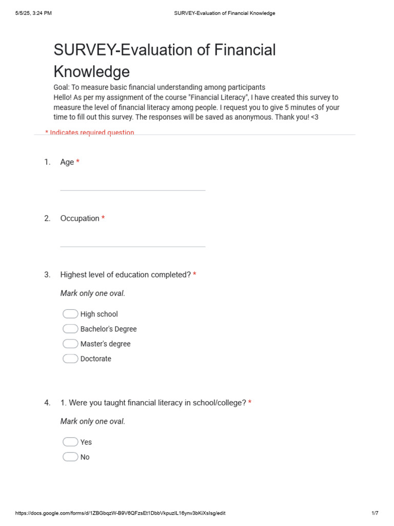 Financial Literacy Survey for Students | PDF | Financial Literacy ...