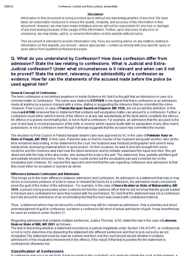 Confession, Judicial and Extra Judicial, Admissibility | Confession ...