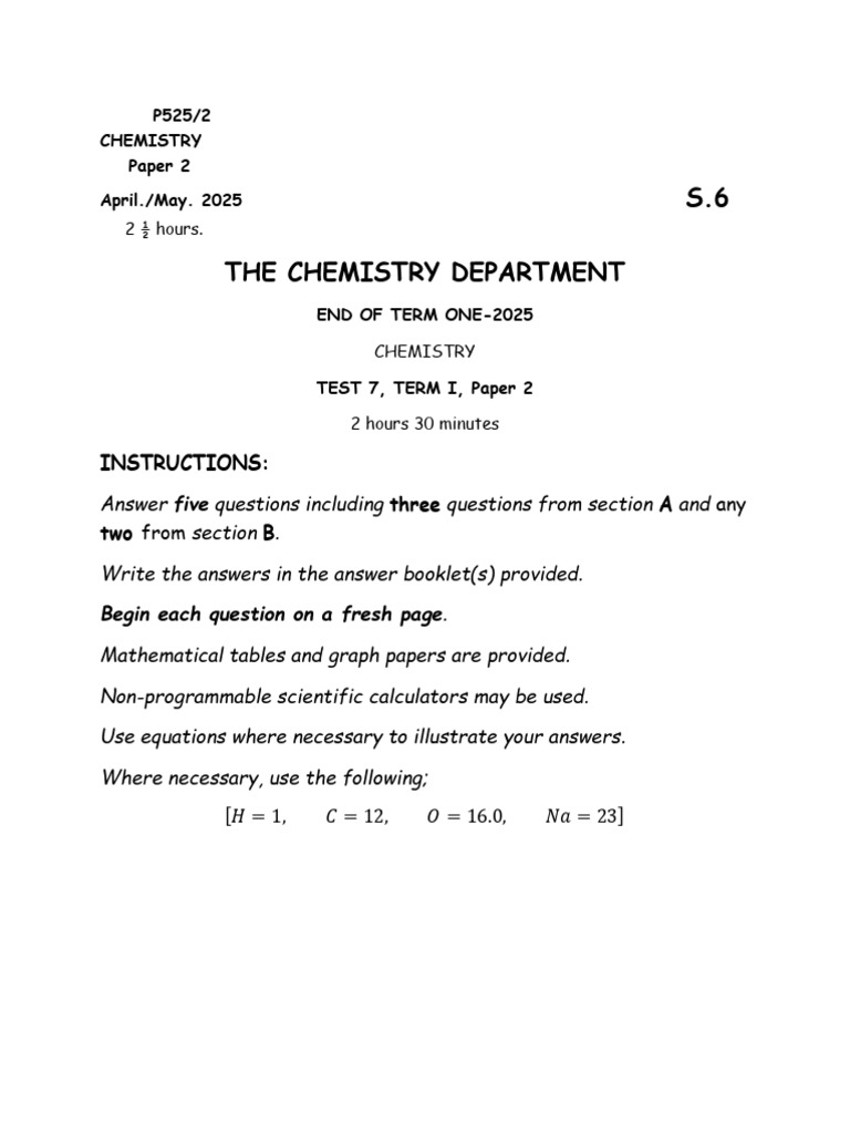 S6 Chemistry Paper 2 Exam 2025 | PDF | Chemical Reactions | Oxide